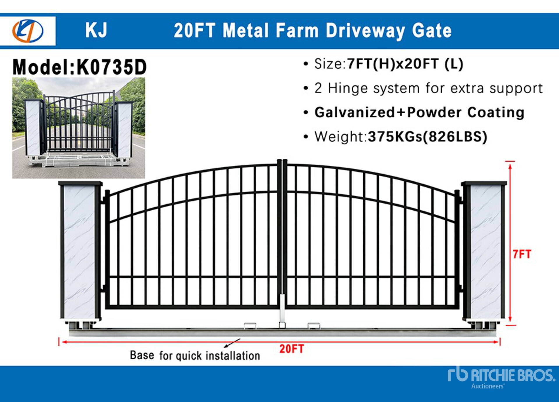 2024 KJ K0735D 20 ft x 7 ft Metal Farm Driveway Gate (Unused) | Ritchie ...