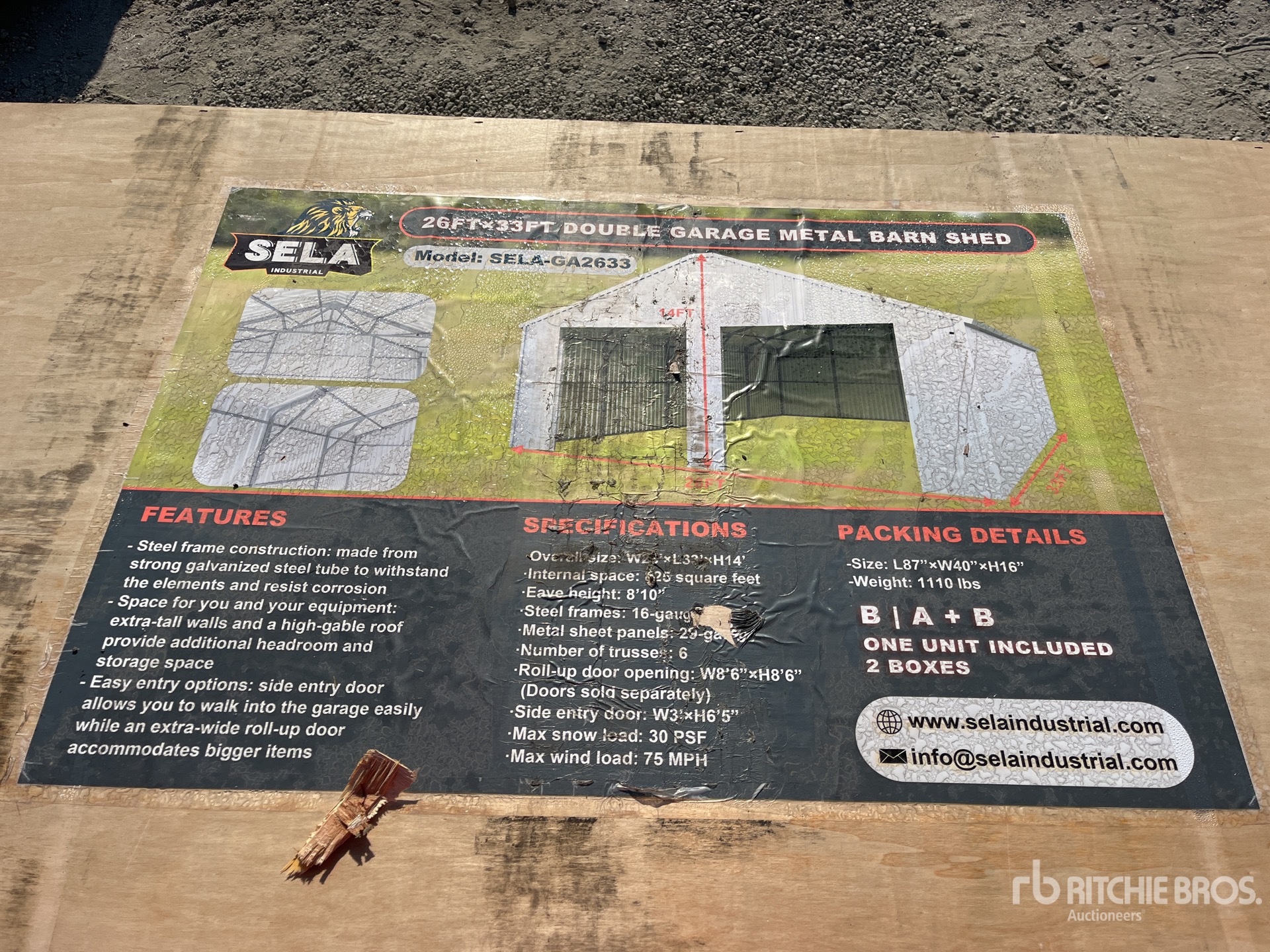 Quantity of (2) Boxes of 2024 SELA GA2633 26 ft x 33 ft Double Garage Metal Barn Shed (Unused ...