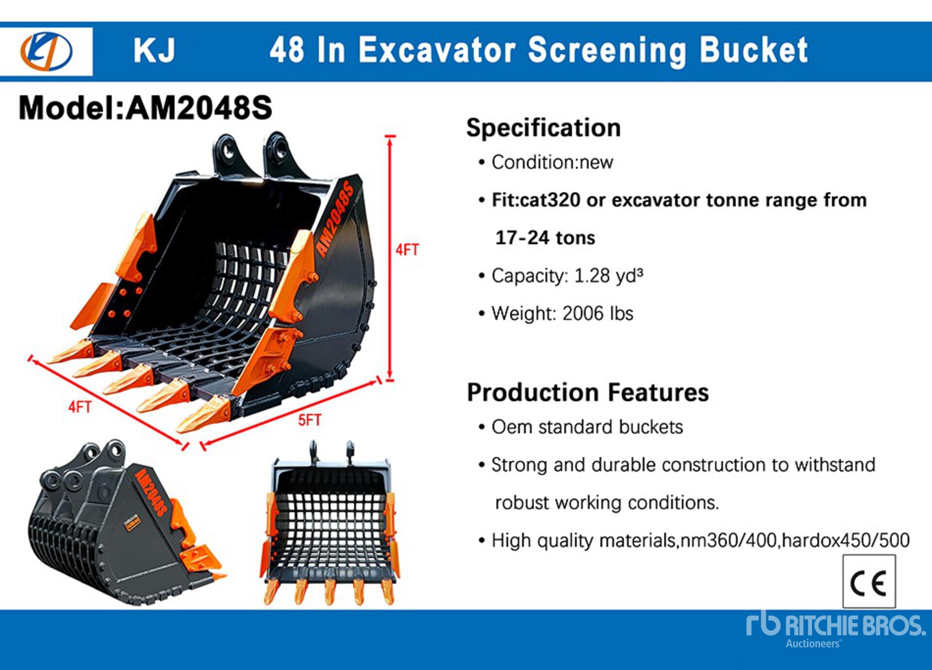 2024 KJ AM2048S 48 in 1.28 cyd Skeleton Cazo criba para excavadora ...