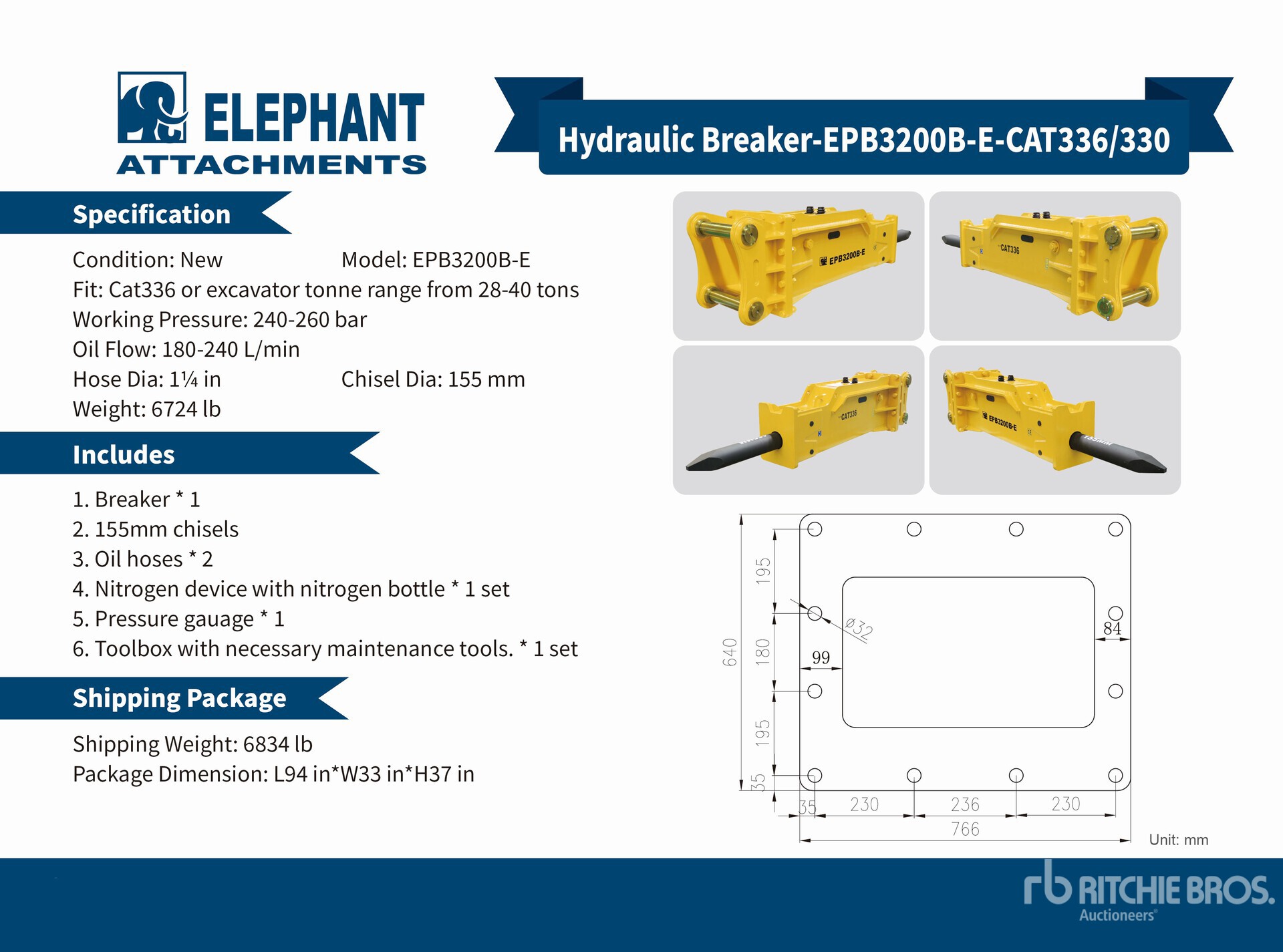 2024 Elephant EPB3200B-E Hydraulic Breaker - Fits Cat 336 / 28 - 40 ton ...