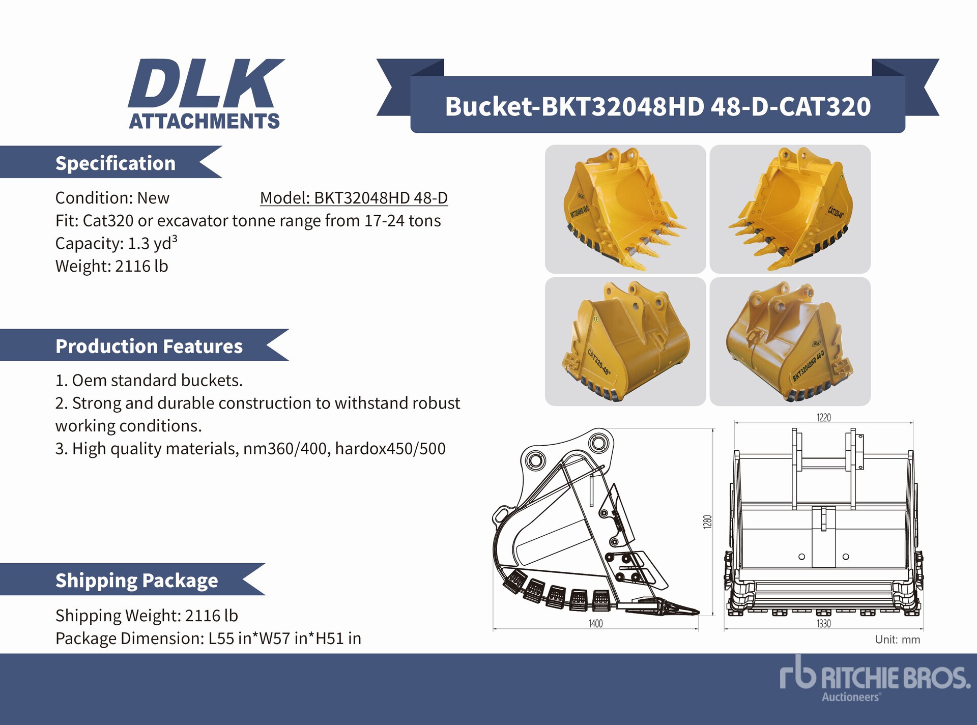 2024 DLK BKT32048HD 48-D 48 in 1.3 cyd Digging Cazo para excavadora ...
