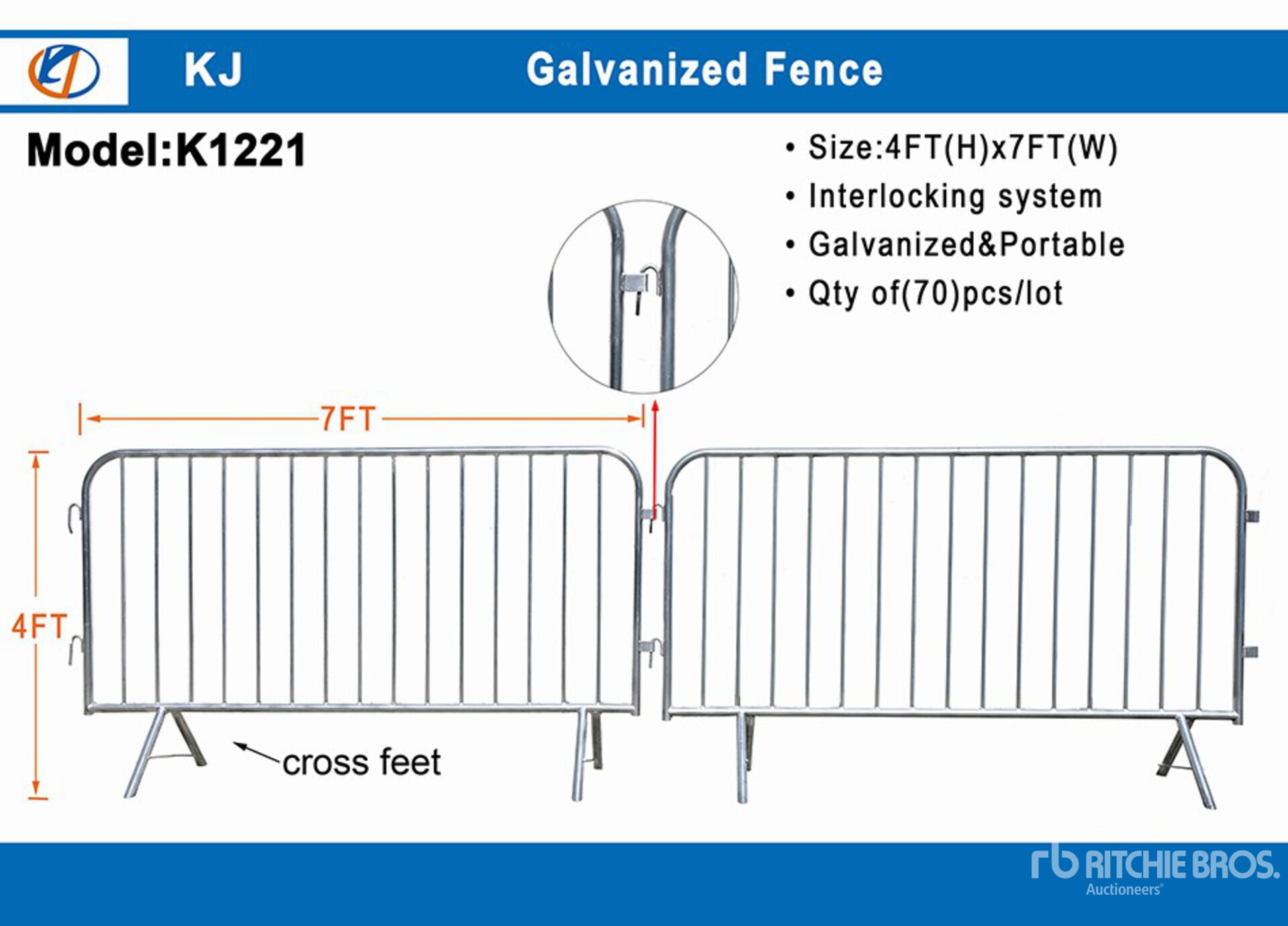 Quantity of (70) 2025 KJ K1221 7 ft x 4 ft Crowd Control Site Fence ...