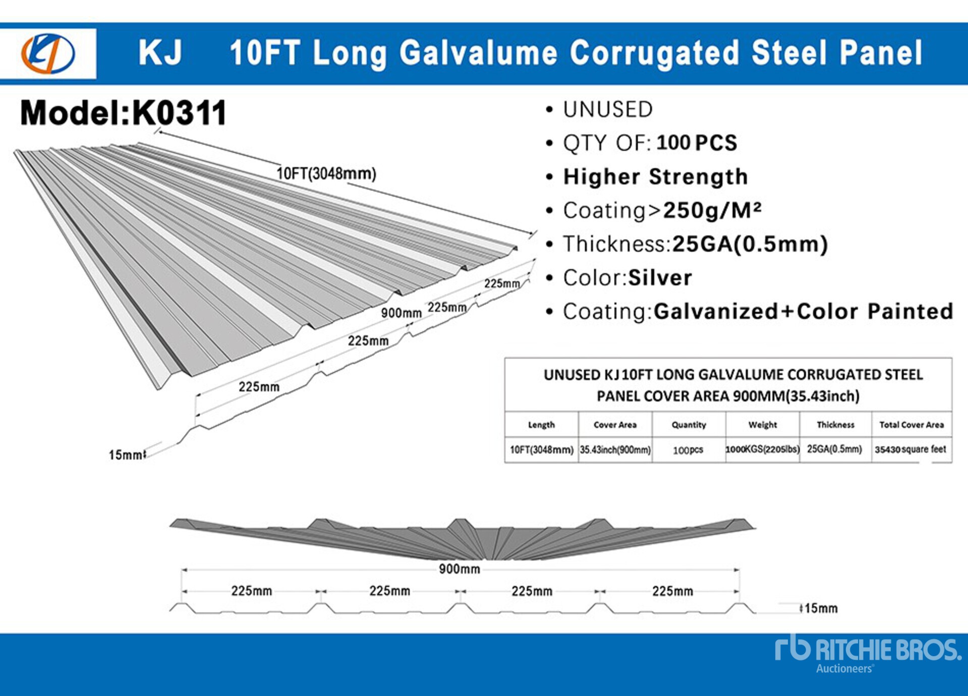 Quantity of (100) 2025 KJ K0311 35 in x 10 ft Galvalume Corrugated ...