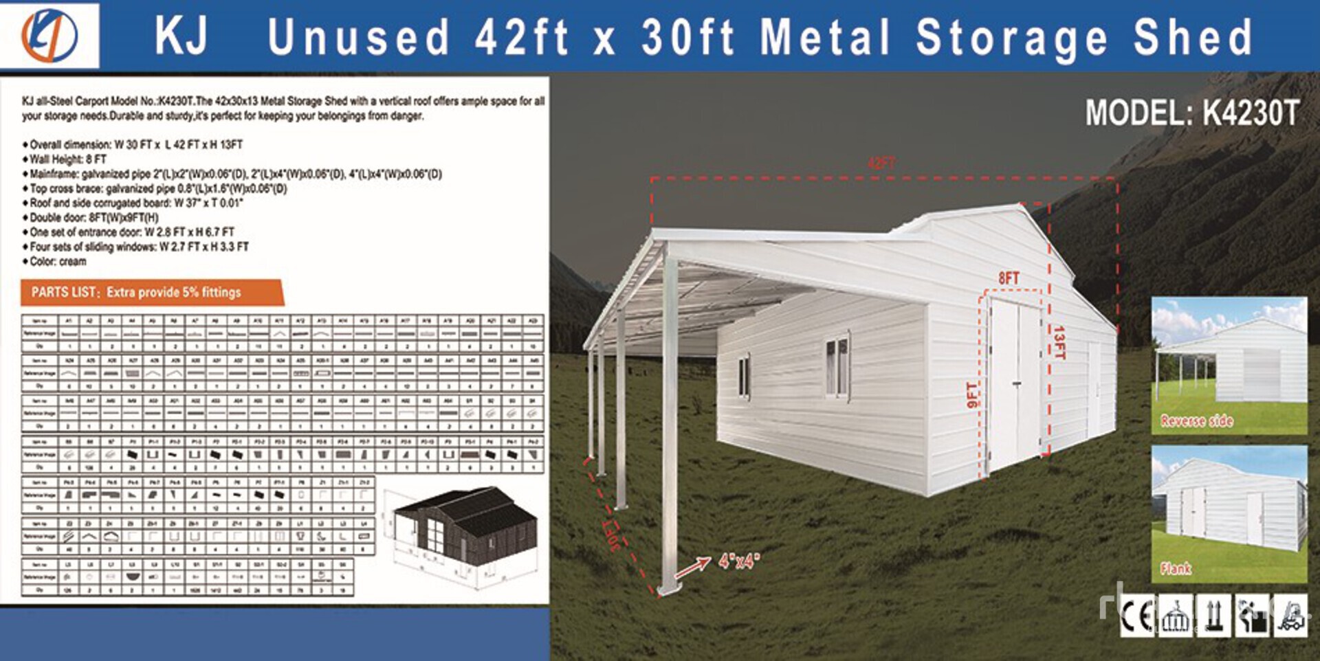 2025 KJ K4230T 42 ft x 30 ft Metal Storage Shed (Unused) | Ritchie Bros ...