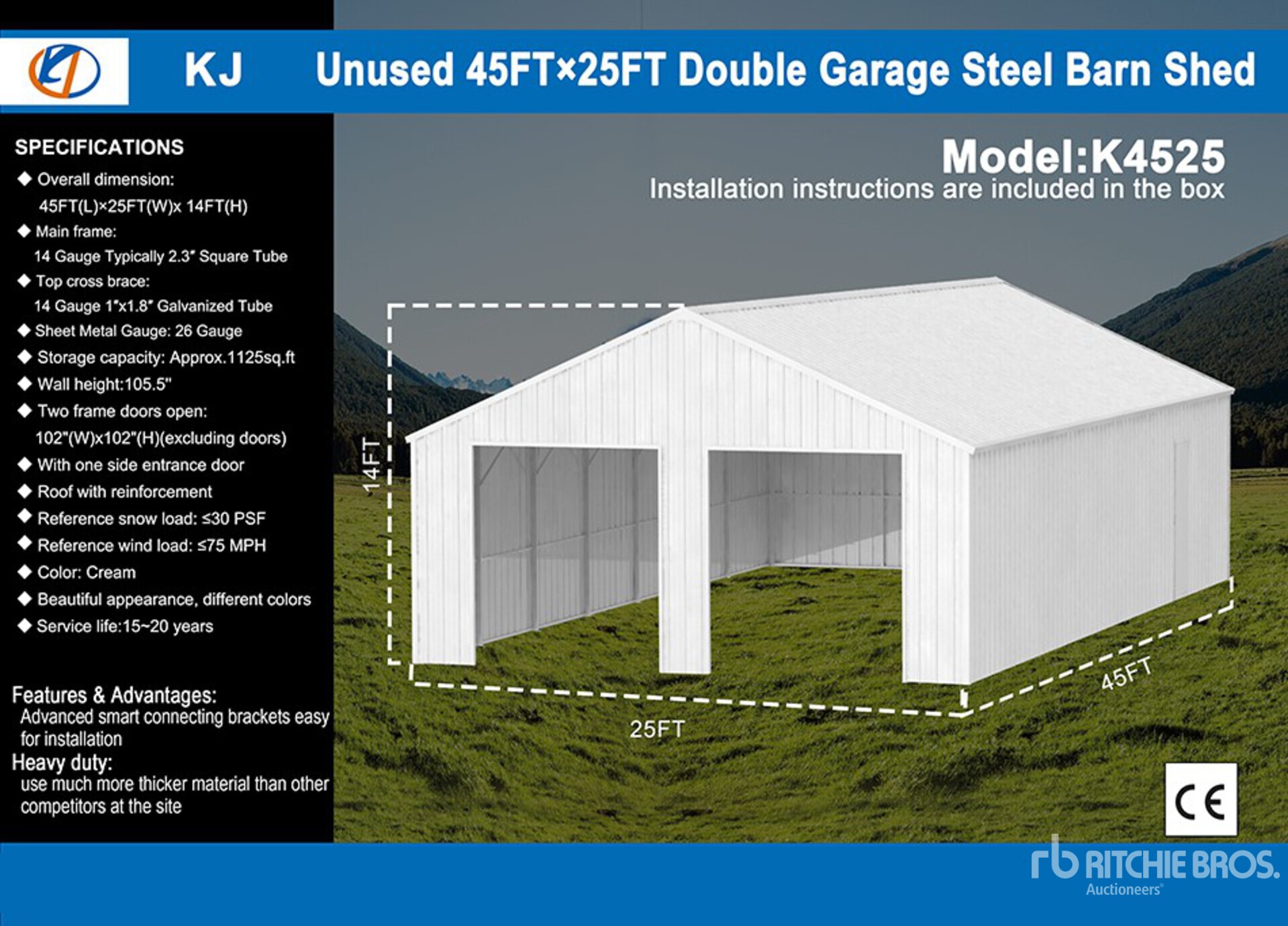 2025 KJ K4525 45 ft x 25 ft Metal Garage Storage Building (Unused ...