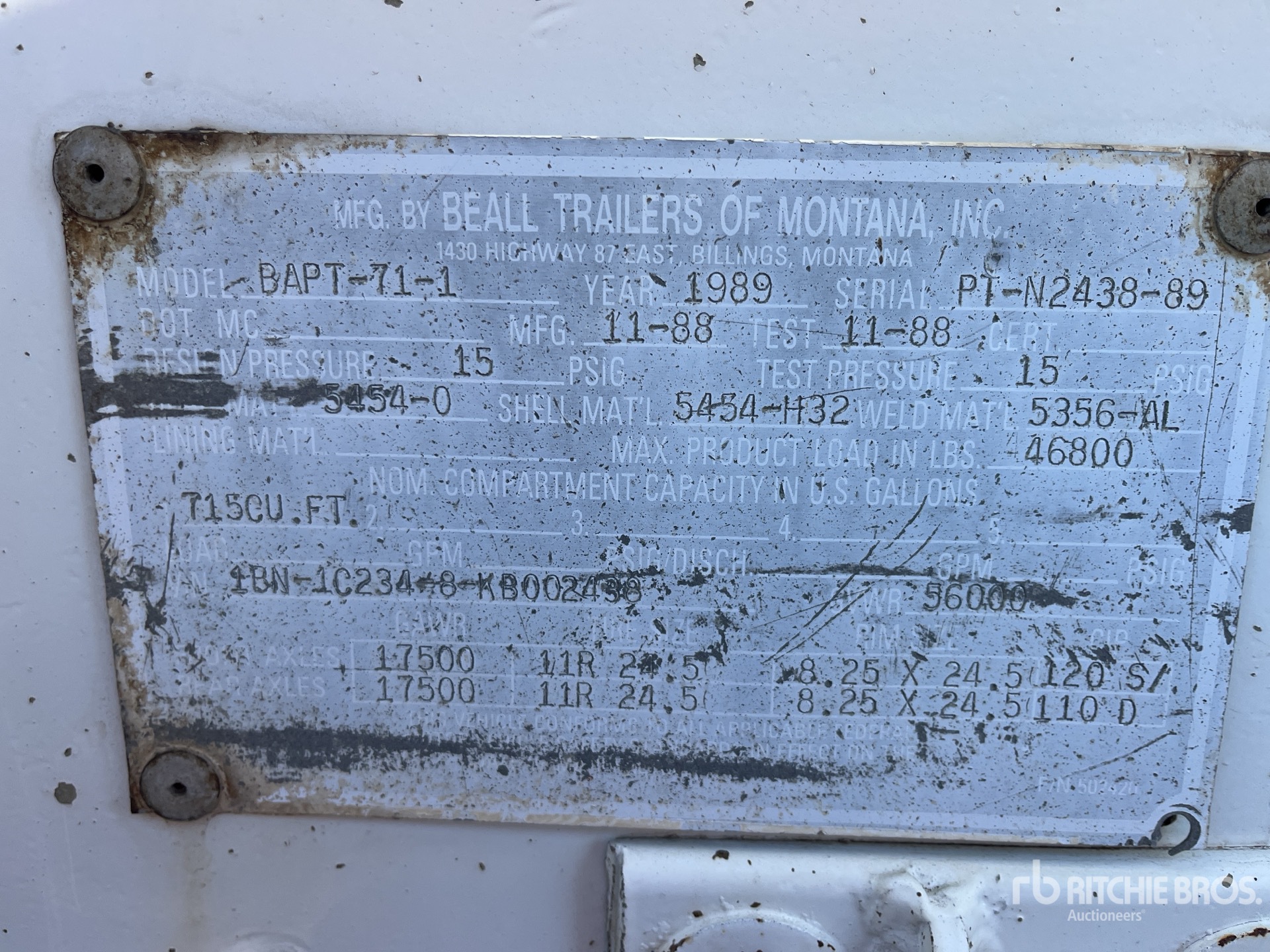 1989 Beall BAPT-71-1 715 cft Quad/A Pneumatic Bulk Trailer | Ritchie ...