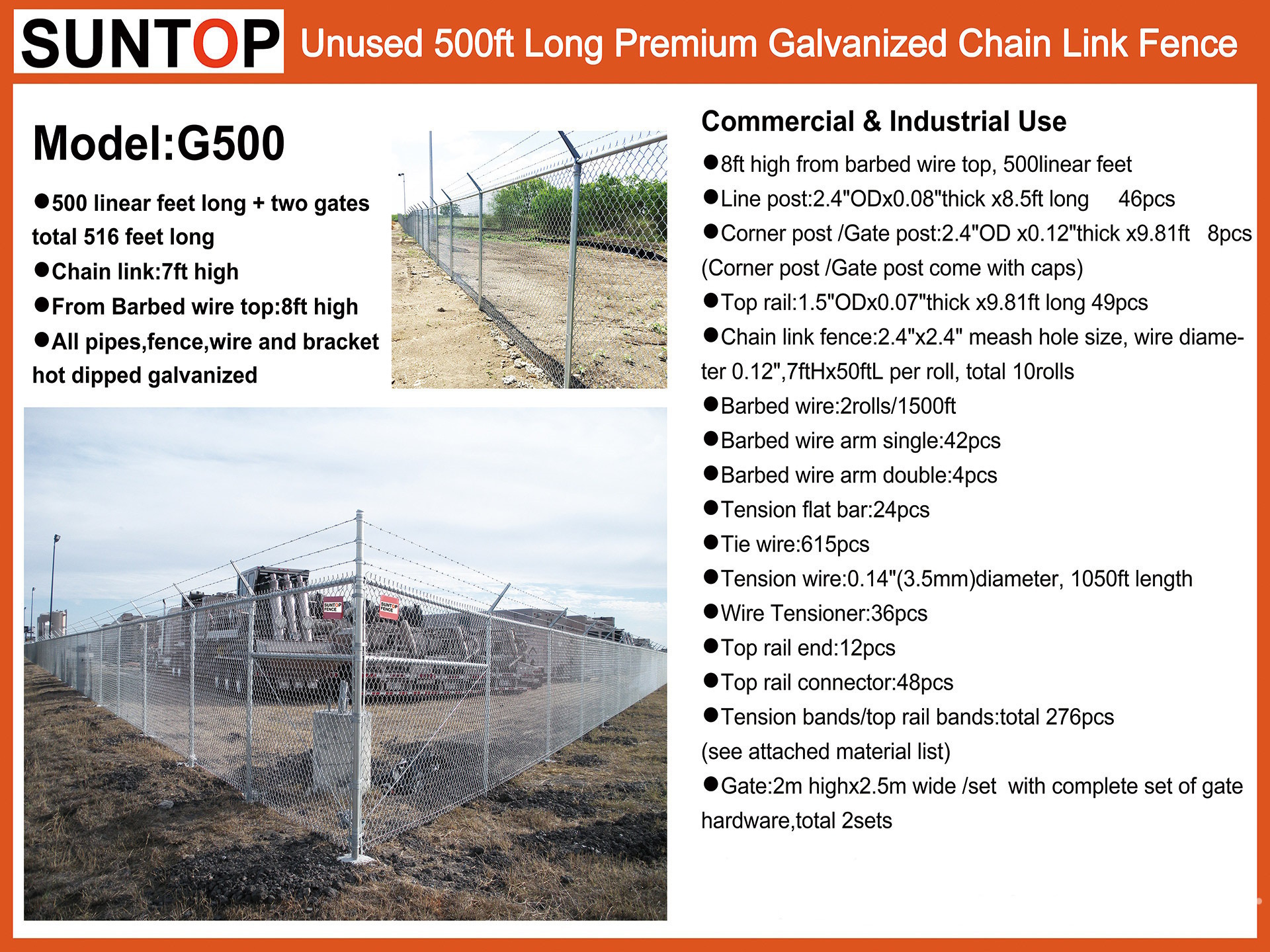 2026 SUNTOP G500 500 ft x 7 ft Galvanized Chain Link Site Fence (Unused ...