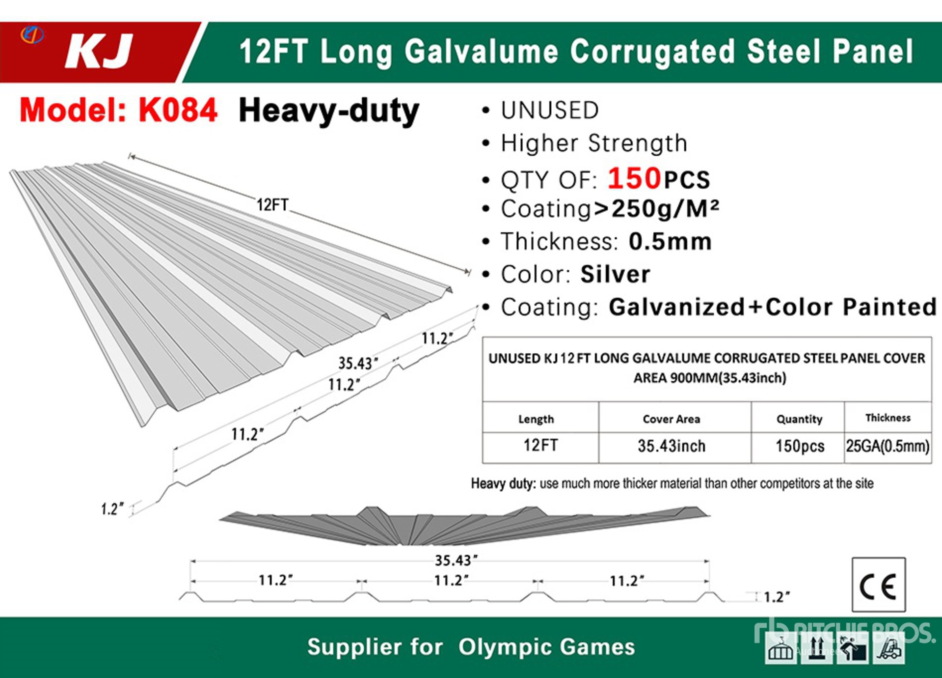 Quantity of (150) 2026 KJ K084 35 in x 12 ft Galvalume Corrugated Steel ...